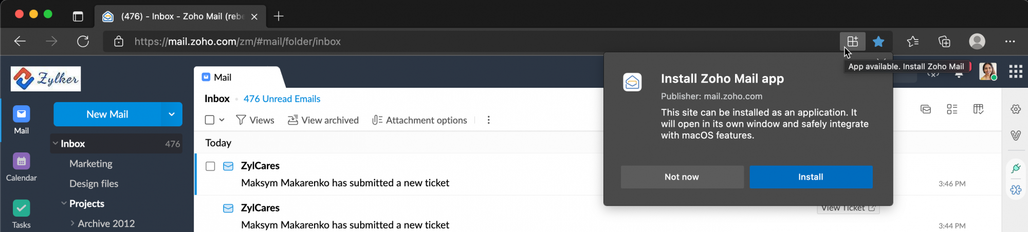 Zoho Mail Progressive Web Application (PWA)