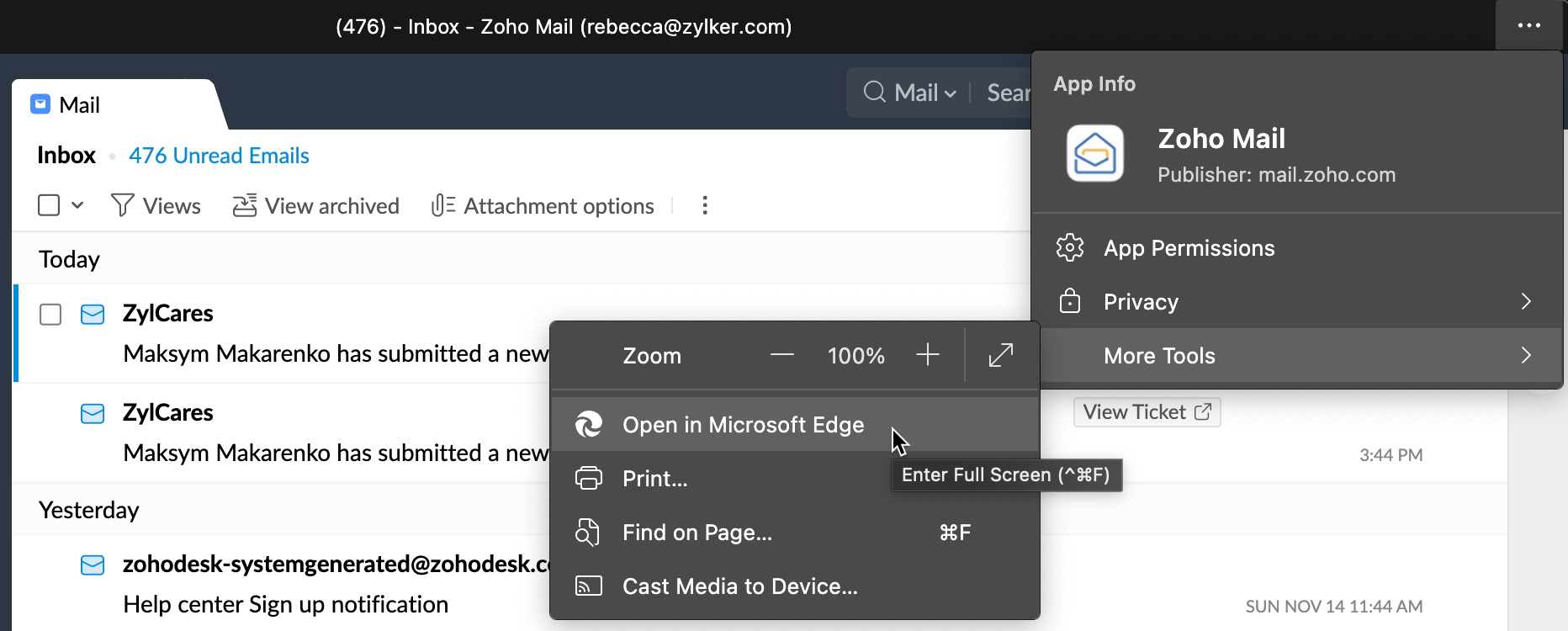 Zoho Mail Progressive Web Application (PWA)